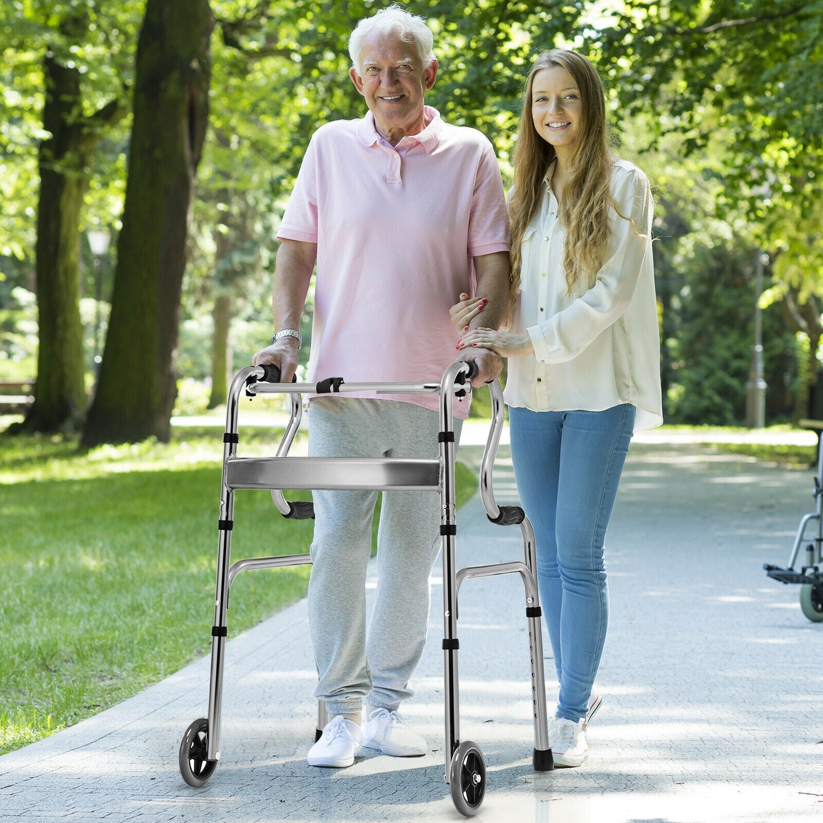 Aluminum Heavy Duty Folding Wheeled Stand Assist Walker Gray