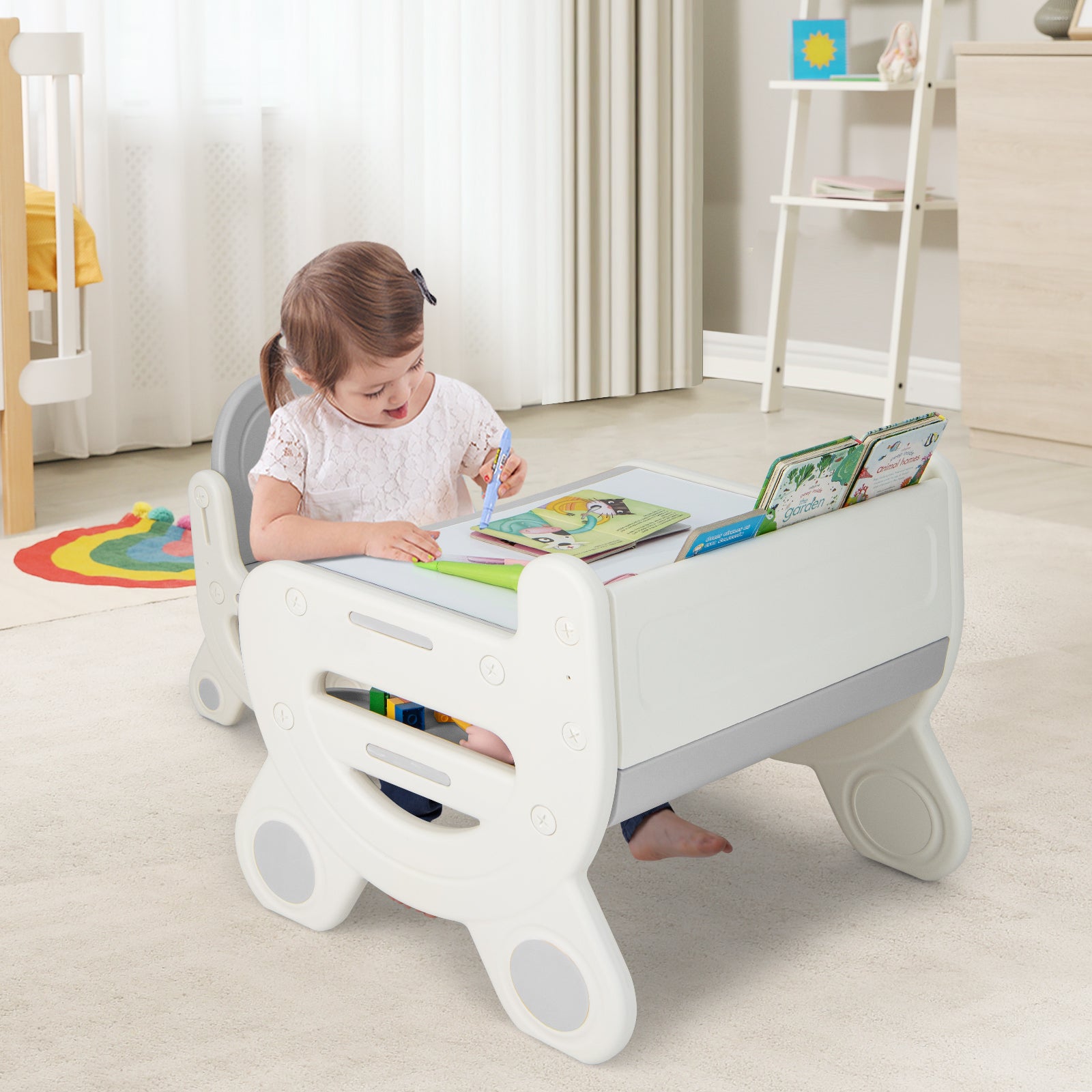 Kids Drawing Table and Chair Set with Watercolor Pens and Blackboard E