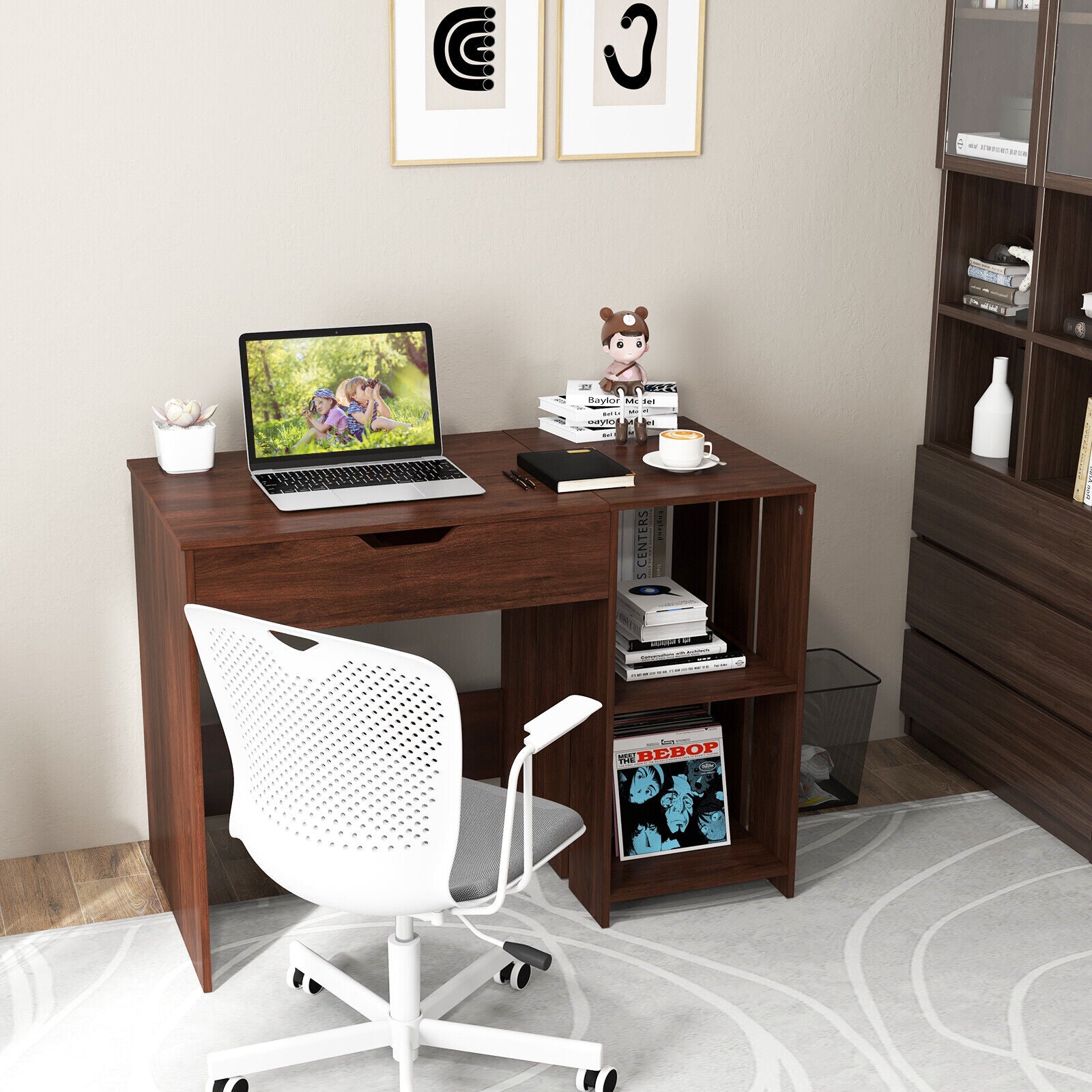 Lift Top Modern Computer Desk with 2 Hidden Compartments and 2 Open St