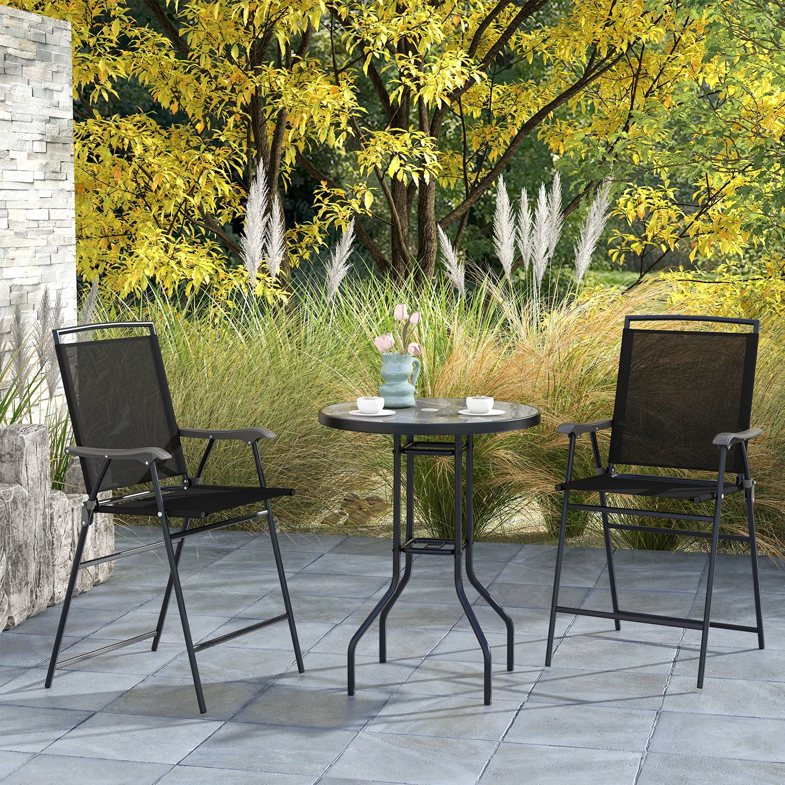 3 Pieces Outdoor Bar Stool Set with DPC Tabletop and Umbrella Hole for
