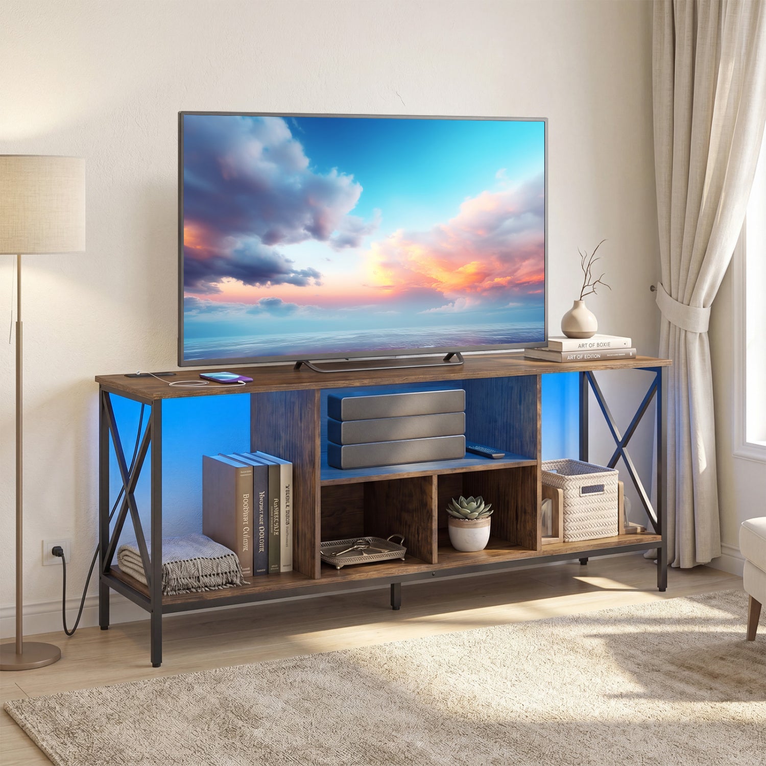 TV Stand with LED Lights for 65 Inch TV Entertainment Center with Powe
