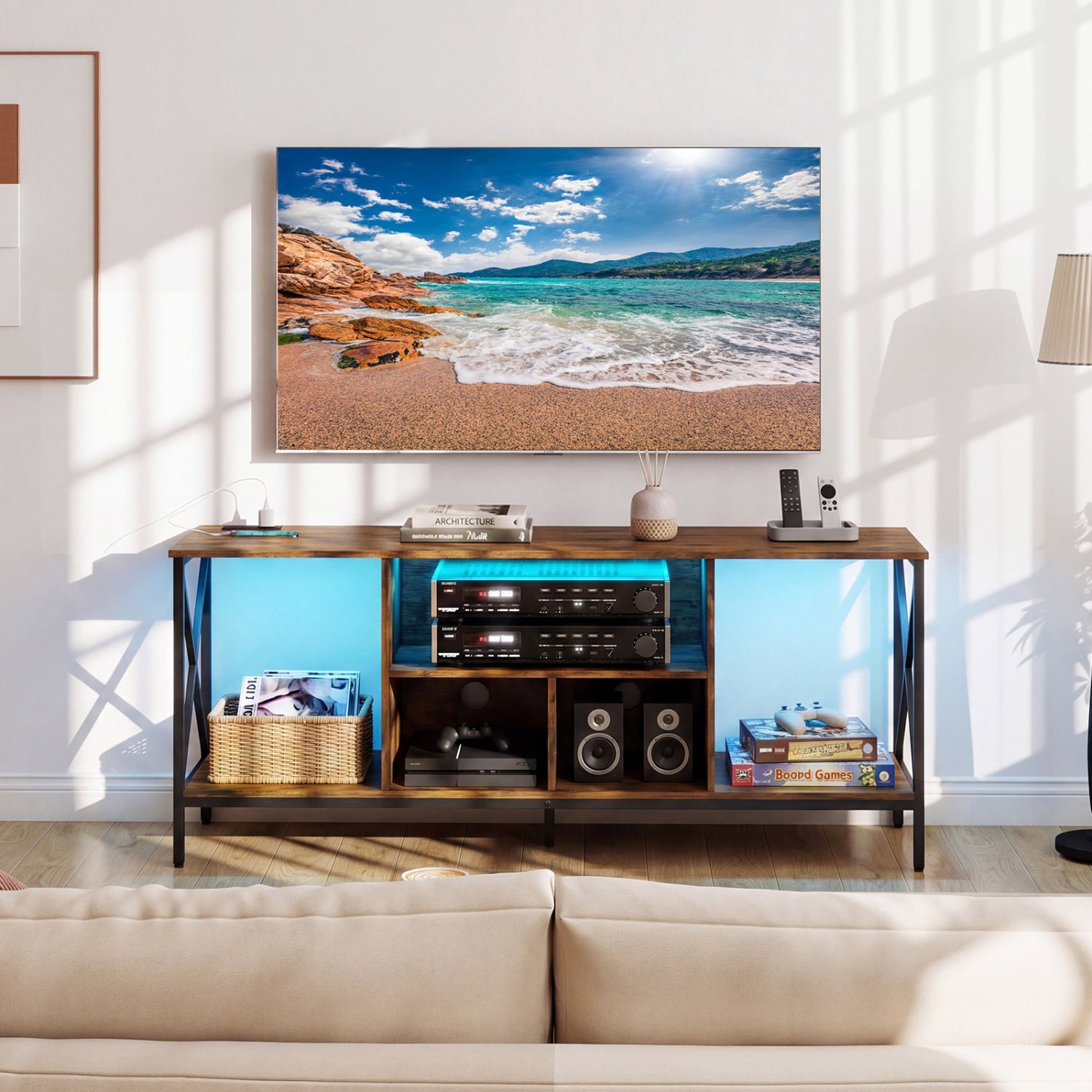 TV Stand with LED Lights for 65 Inch TV Entertainment Center with Powe