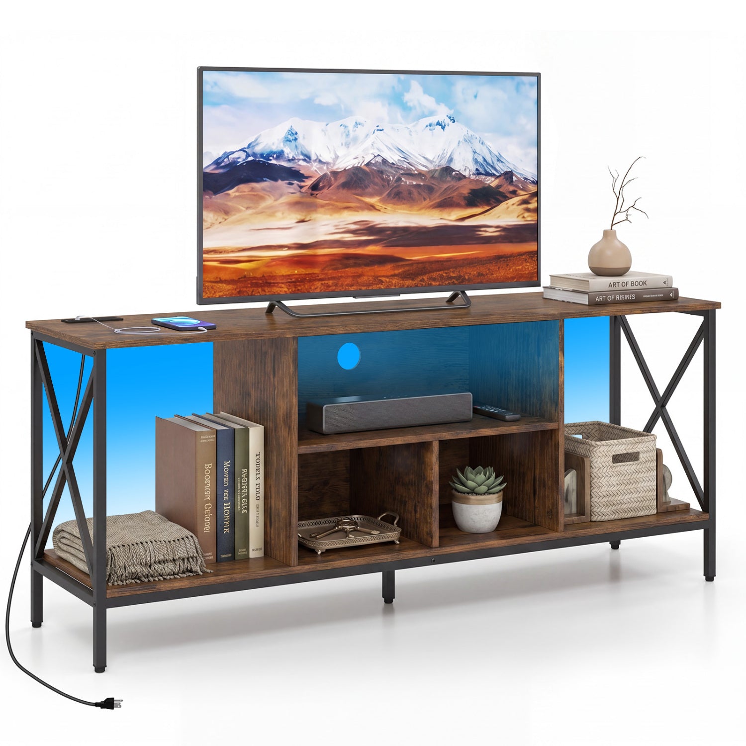 TV Stand with LED Lights for 65 Inch TV Entertainment Center with Powe