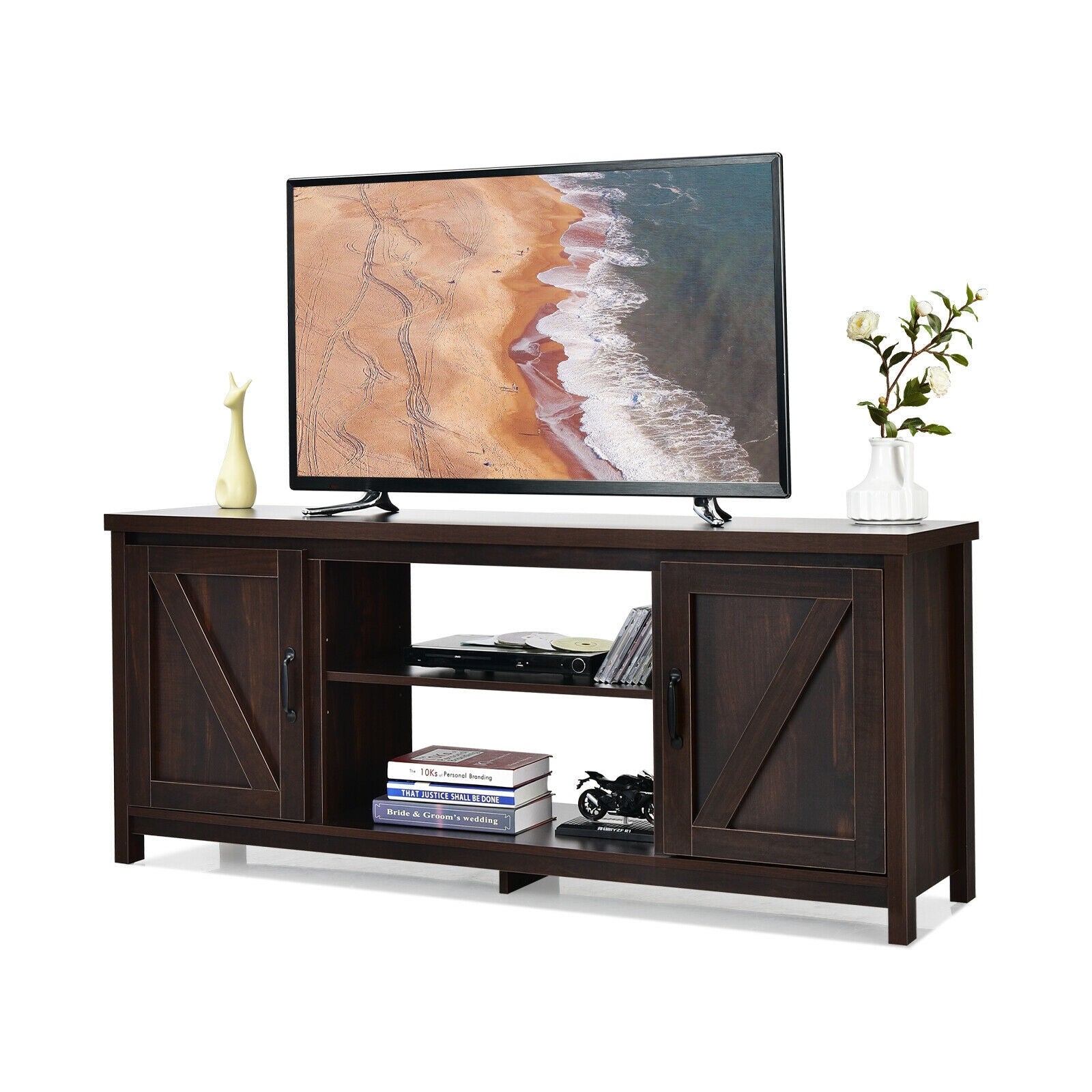 59 Inches TV Stand Media Console Center with Storage Cabinet-Coffee