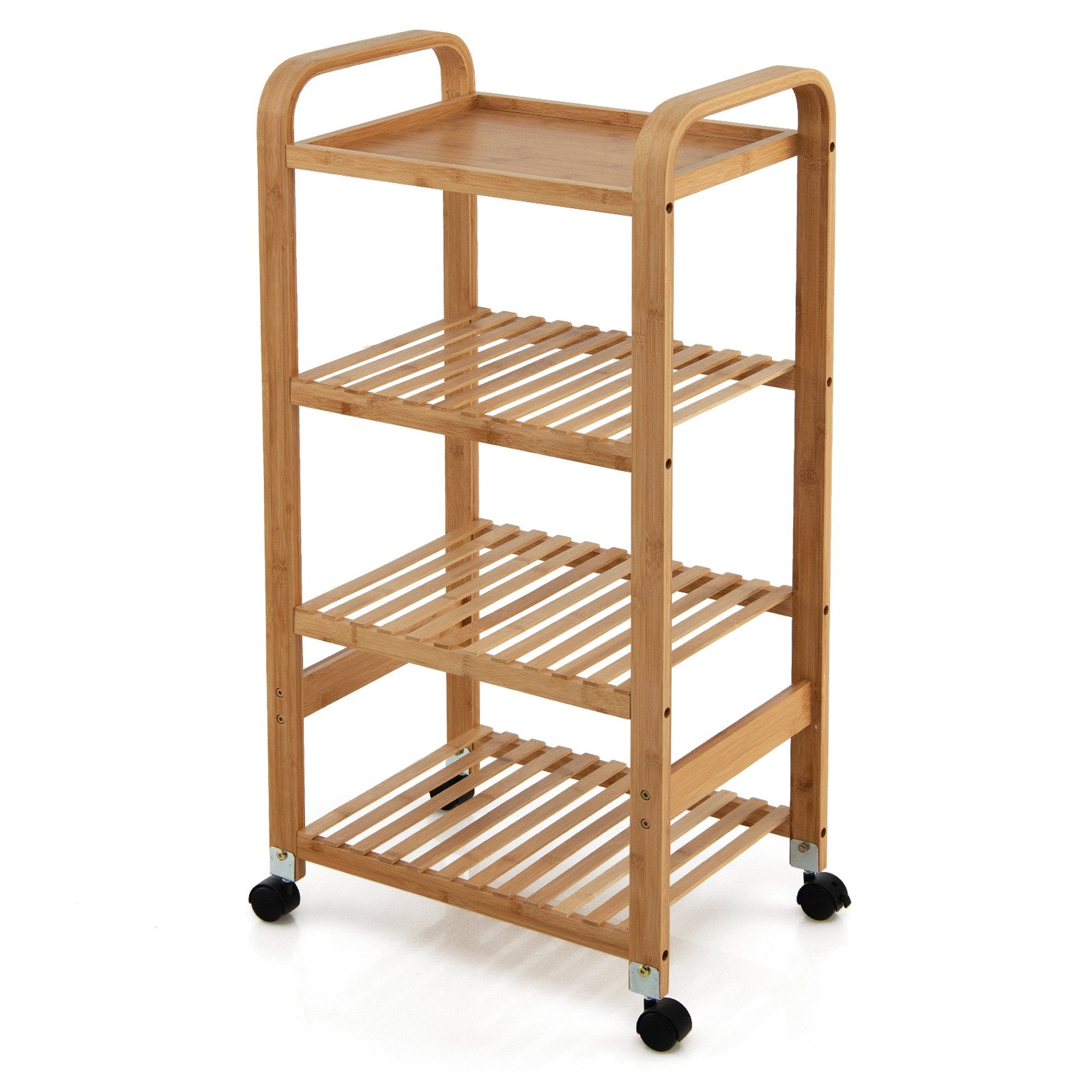 Bamboo Utility Cart with Storage Shelf and Lockable Casters-4-Tier