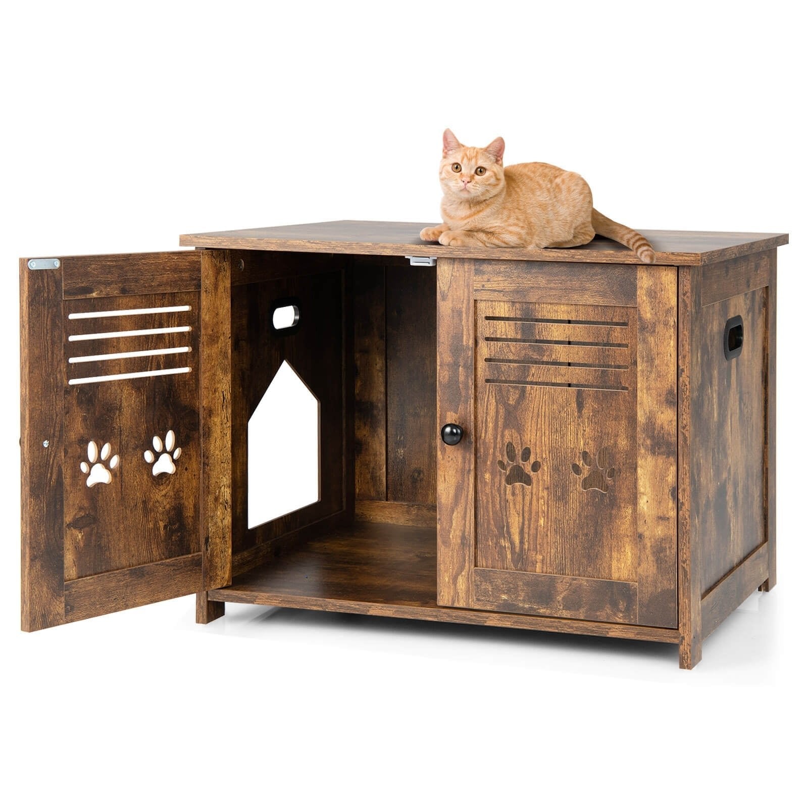 Cat Litter Box Enclosure with Double Louvered Doors and Side Entrance