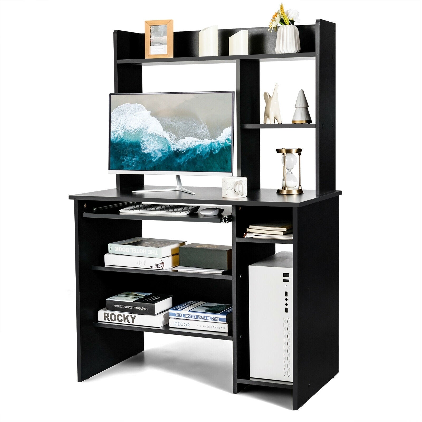 *Home Office Computer Desk with Bookcase Keyboard Tray and CPU Stand