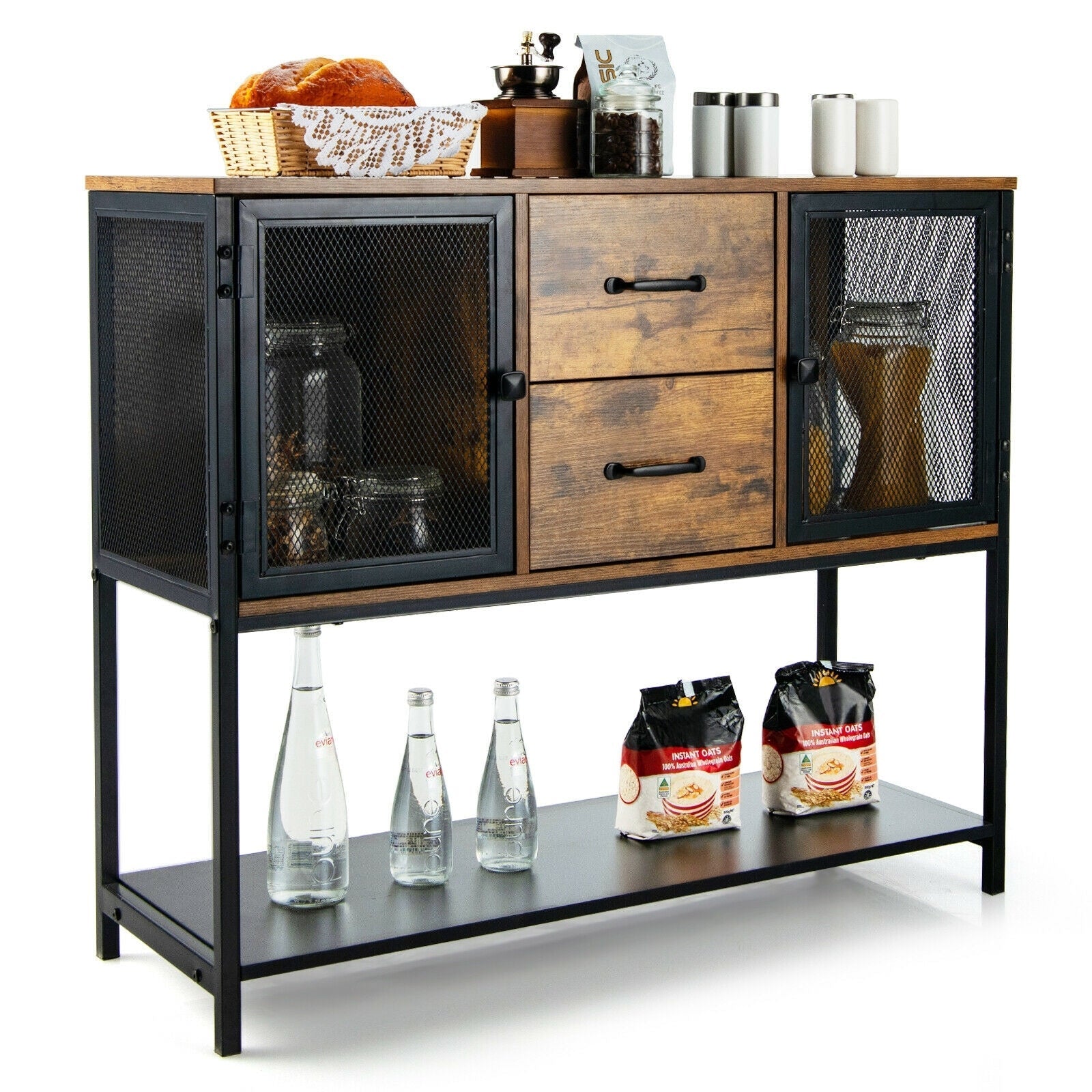 Industrial Buffet Sideboard Kitchen Cupboard with Metal Mesh Doors and