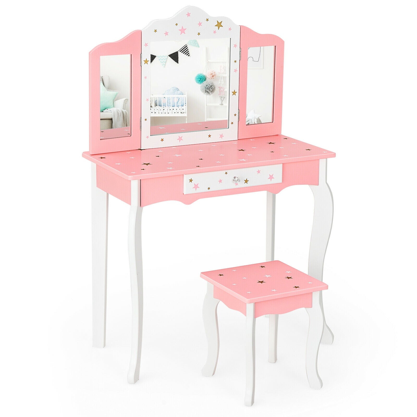 Kids Princess Vanity Table and Stool Set with Tri-folding Mirror and D