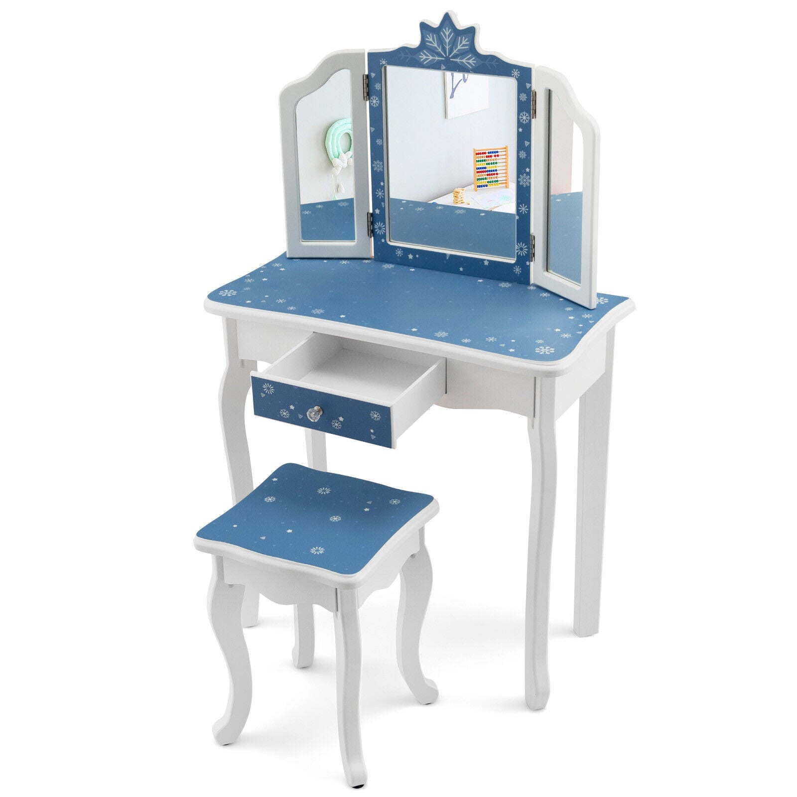 Princess Vanity Table and Chair Set with Tri-Folding Mirror and Snowfl